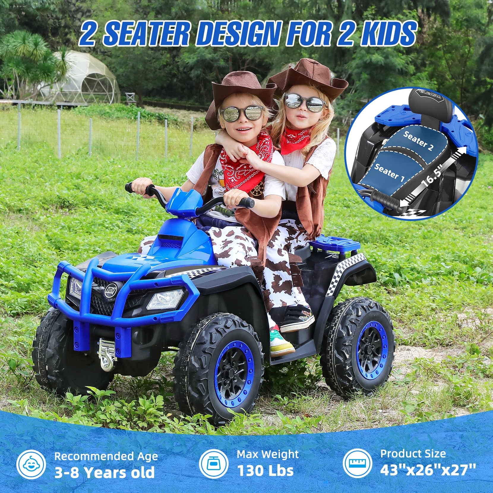 12V Kids Ride on ATV,2 Seater Powered Ride on All-terrain Vehicle with ...
