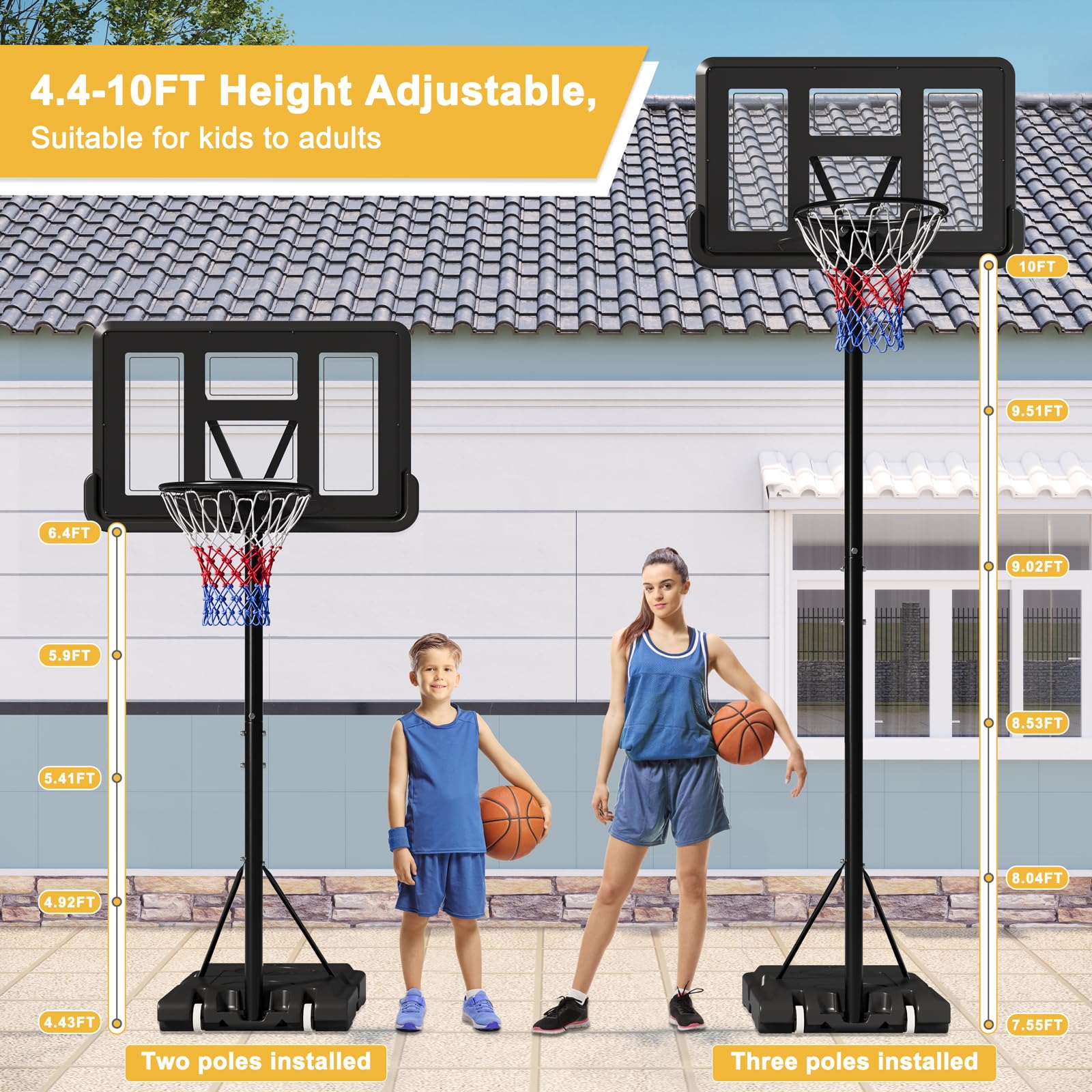 Portable Basketball Hoop Goal System Height Adjustable 4.4ft – 10ft ...