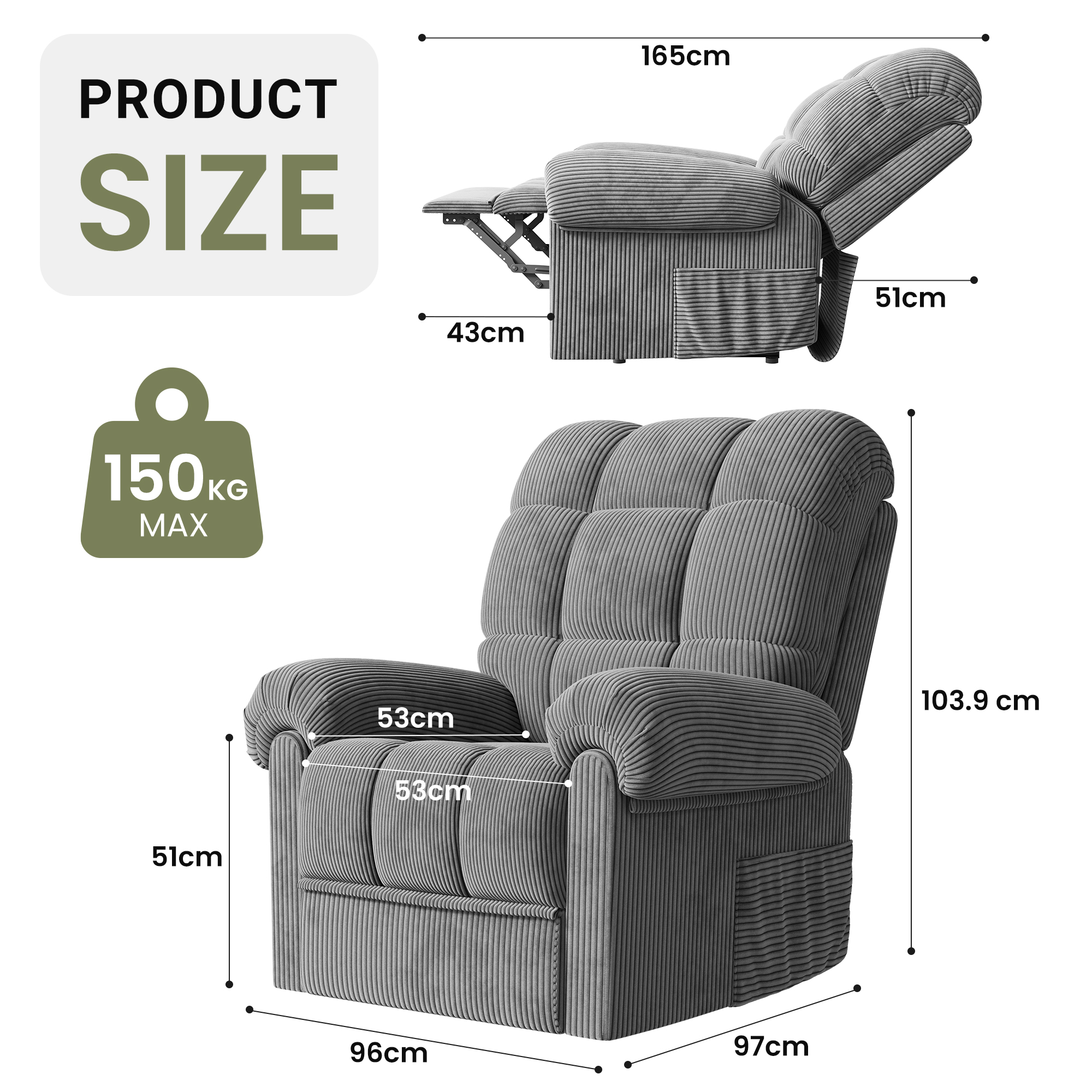 Recliner Chair,Corduroy Electric Ergonomic Adjustable Power Recliner ...